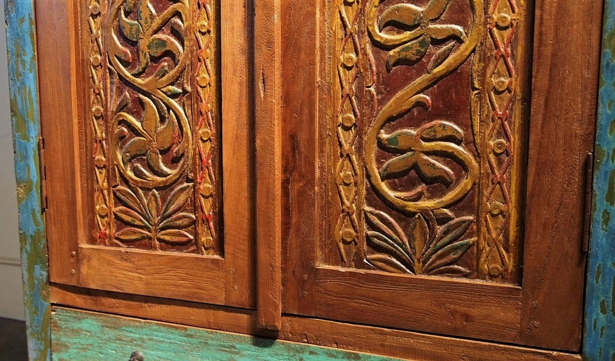 Distressed Reclaimed Teak Carved Cabinet | Gado Gado