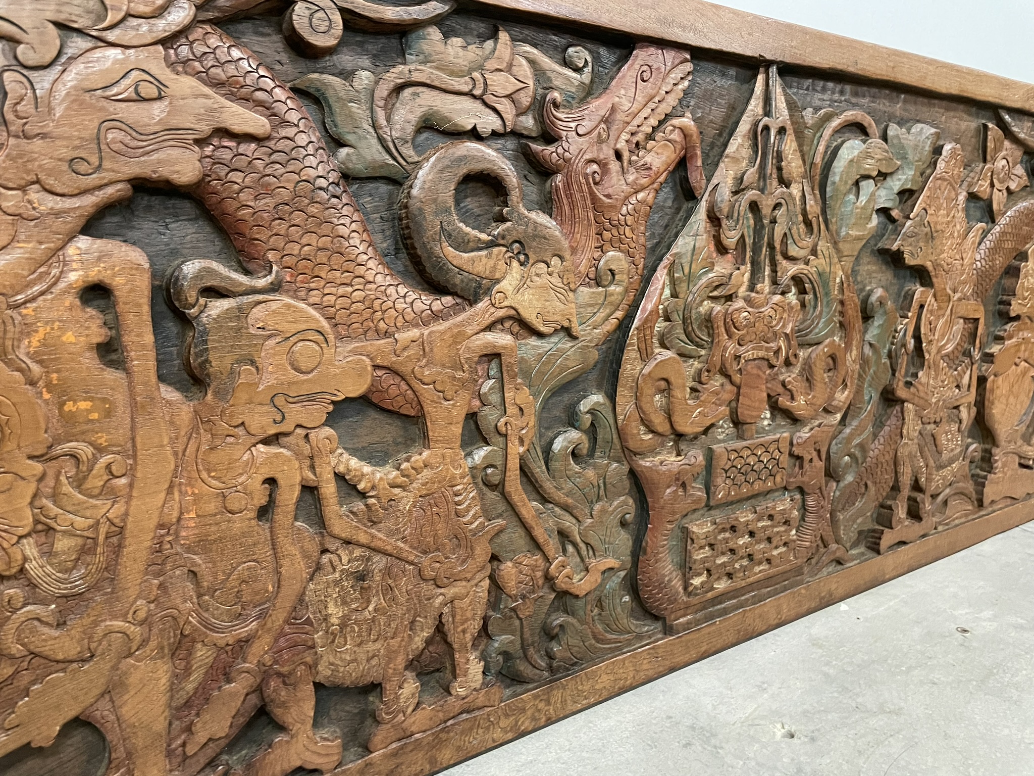 Extra Large Vintage Hand Carved Teak Slab Wayang Panel Art | Gado Gado